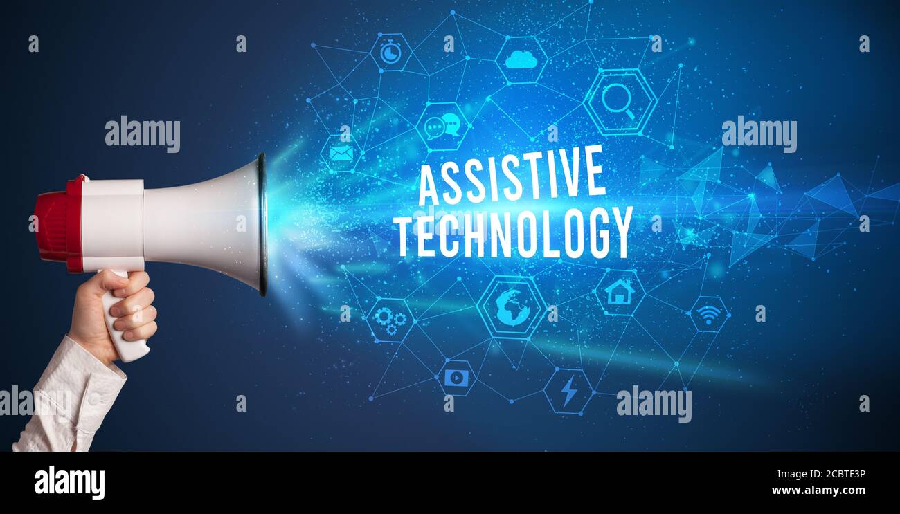 Young woman shouting in megaphone with ASSISTIVE TECHNOLOGY inscription ...