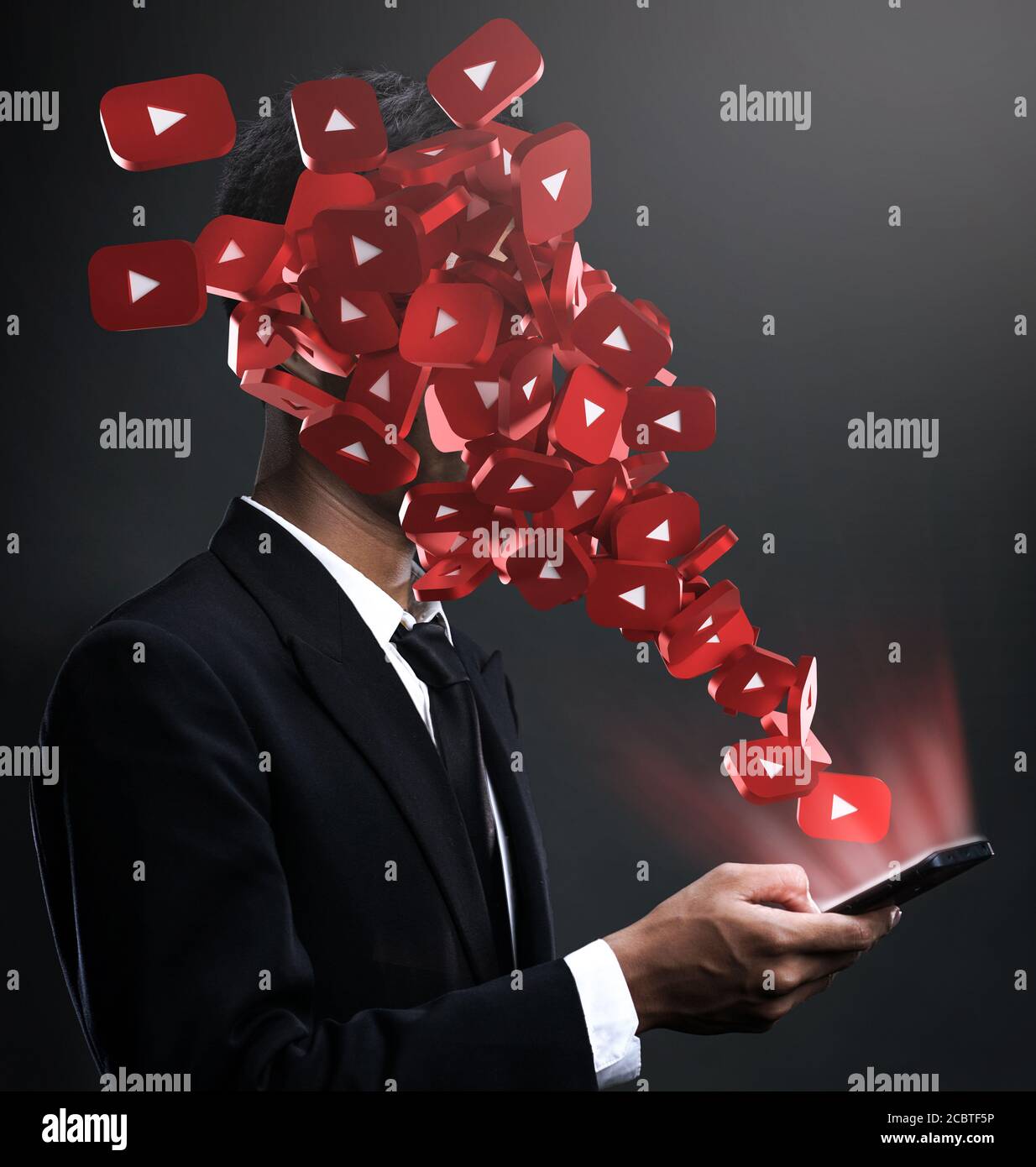 Youtube Addiction Concept. Businessman Open Phone Youtube Icons Pop Up ...