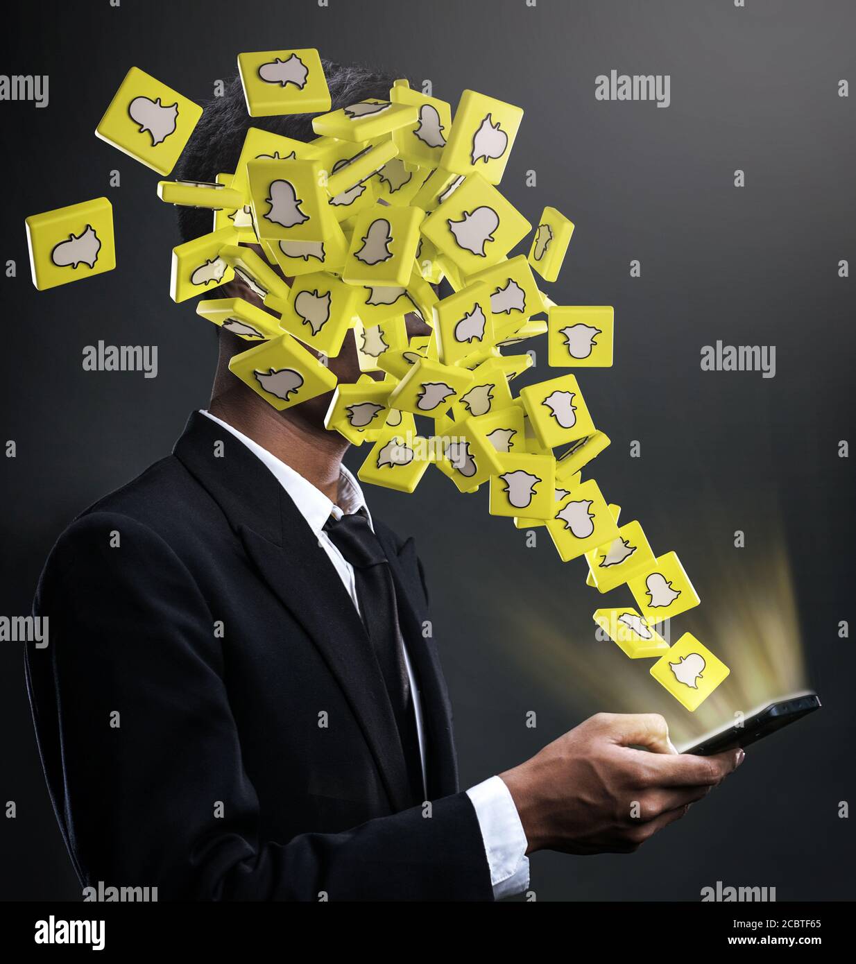 Snapchat Addiction Concept. Businessman Open Phone Snapchat Icons Pop ...