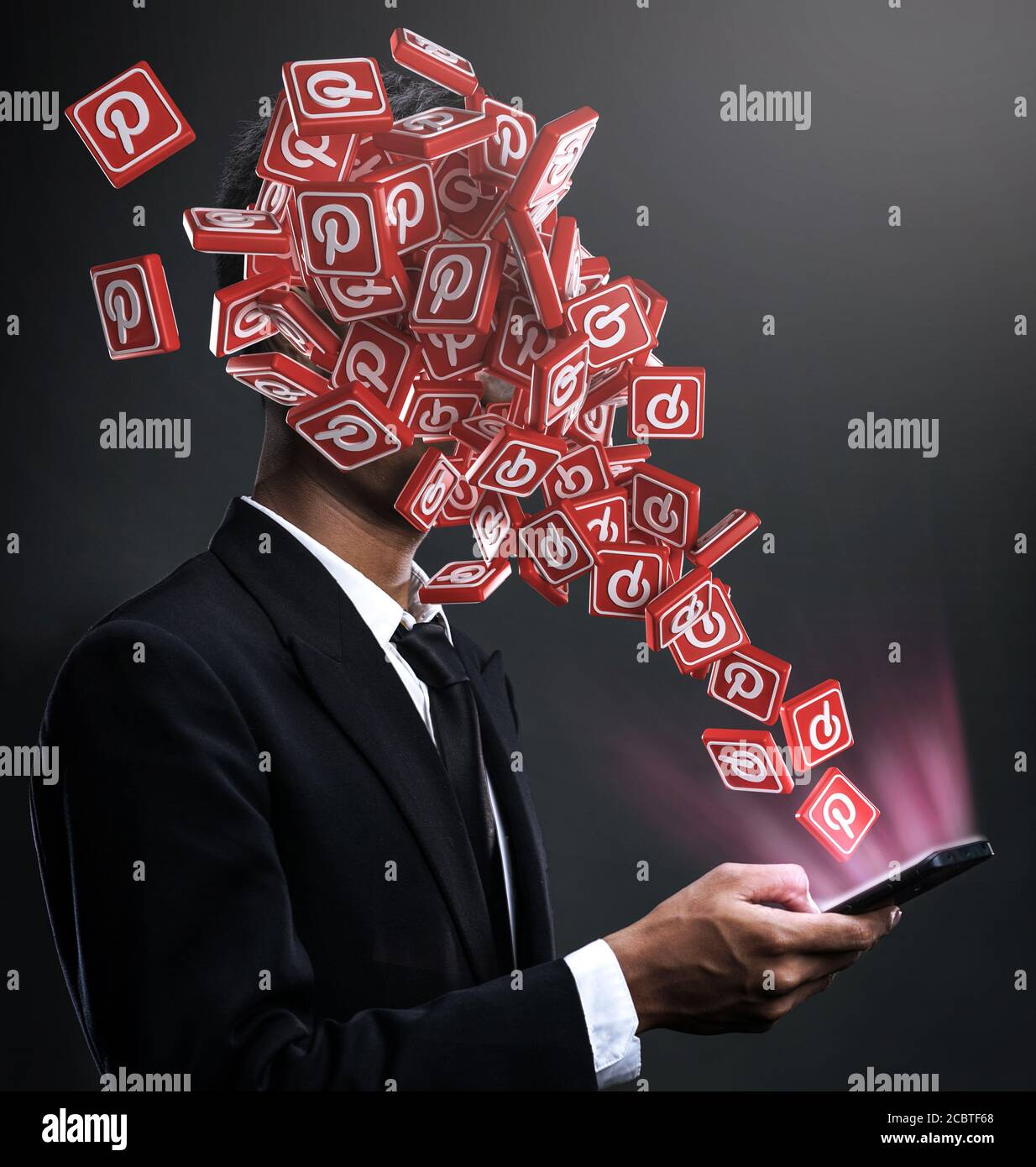 Pinterest Addiction Concept. Businessman Open Phone Pinterest Icons Pop ...