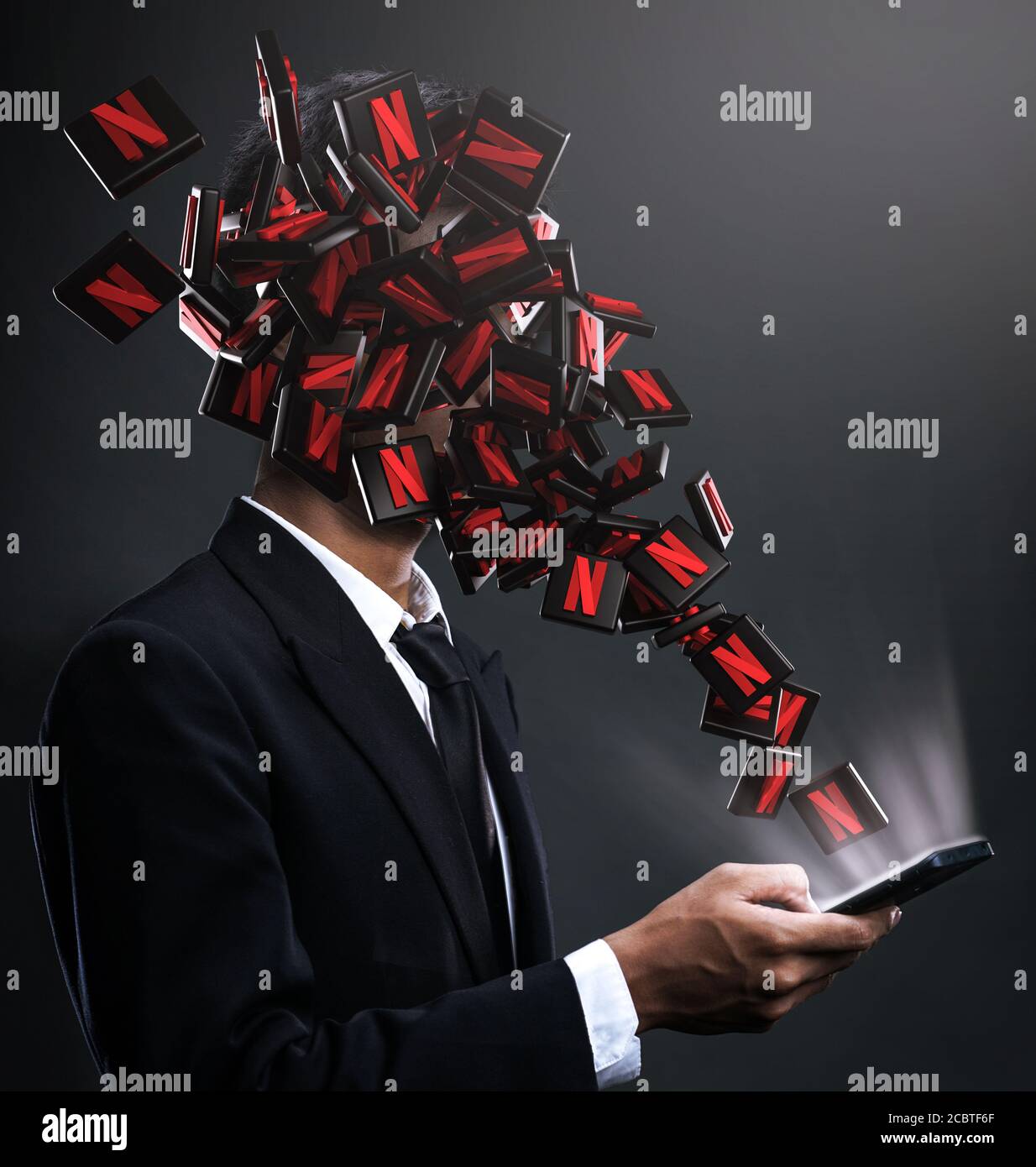 Netflix Addiction Concept. Businessman Open Phone Netflix Icons Pop Up ...