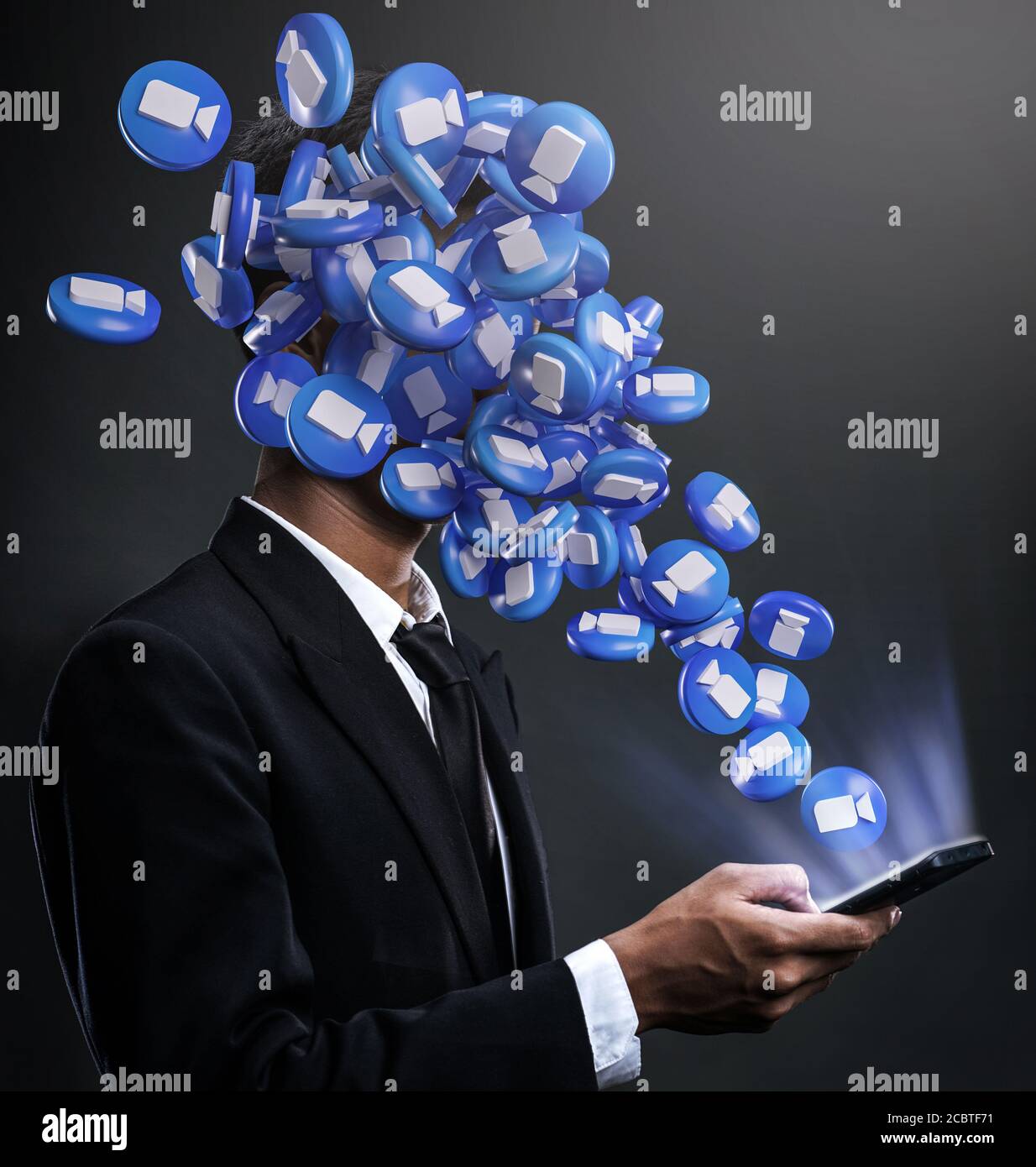 Zoom Addiction Concept. Businessman Open Phone Zoom Icons Pop Up to The ...