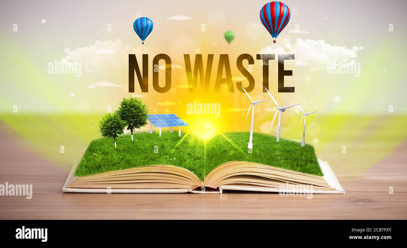 Open book with NO WASTE inscription, renewable energy concept Stock ...