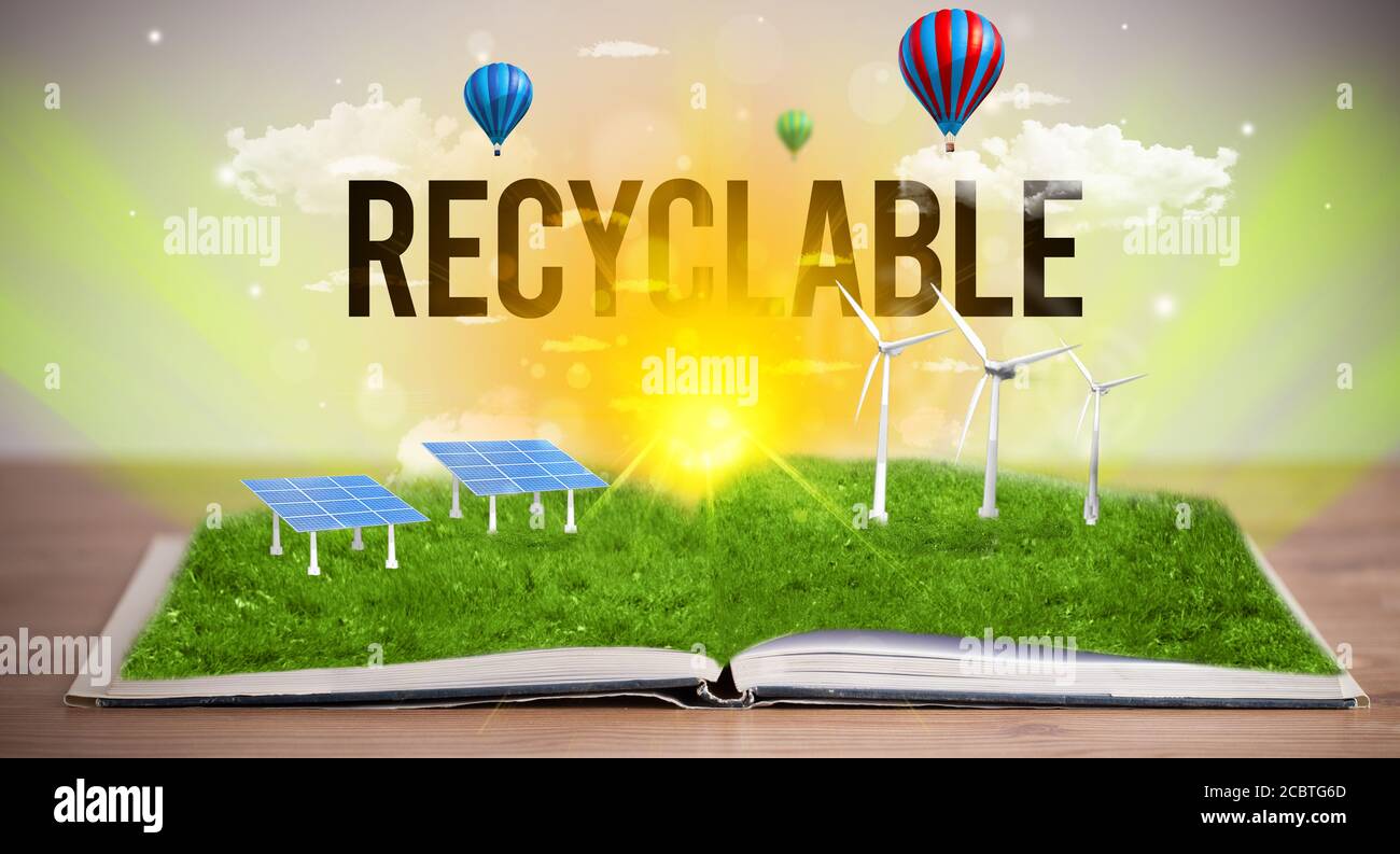 Open book with RECYCLABLE inscription, renewable energy concept Stock ...
