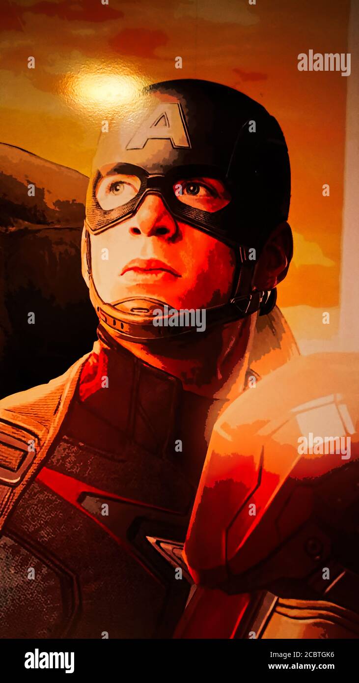 Marvel superheroes Close up of Captain America at the Avengers Station ...