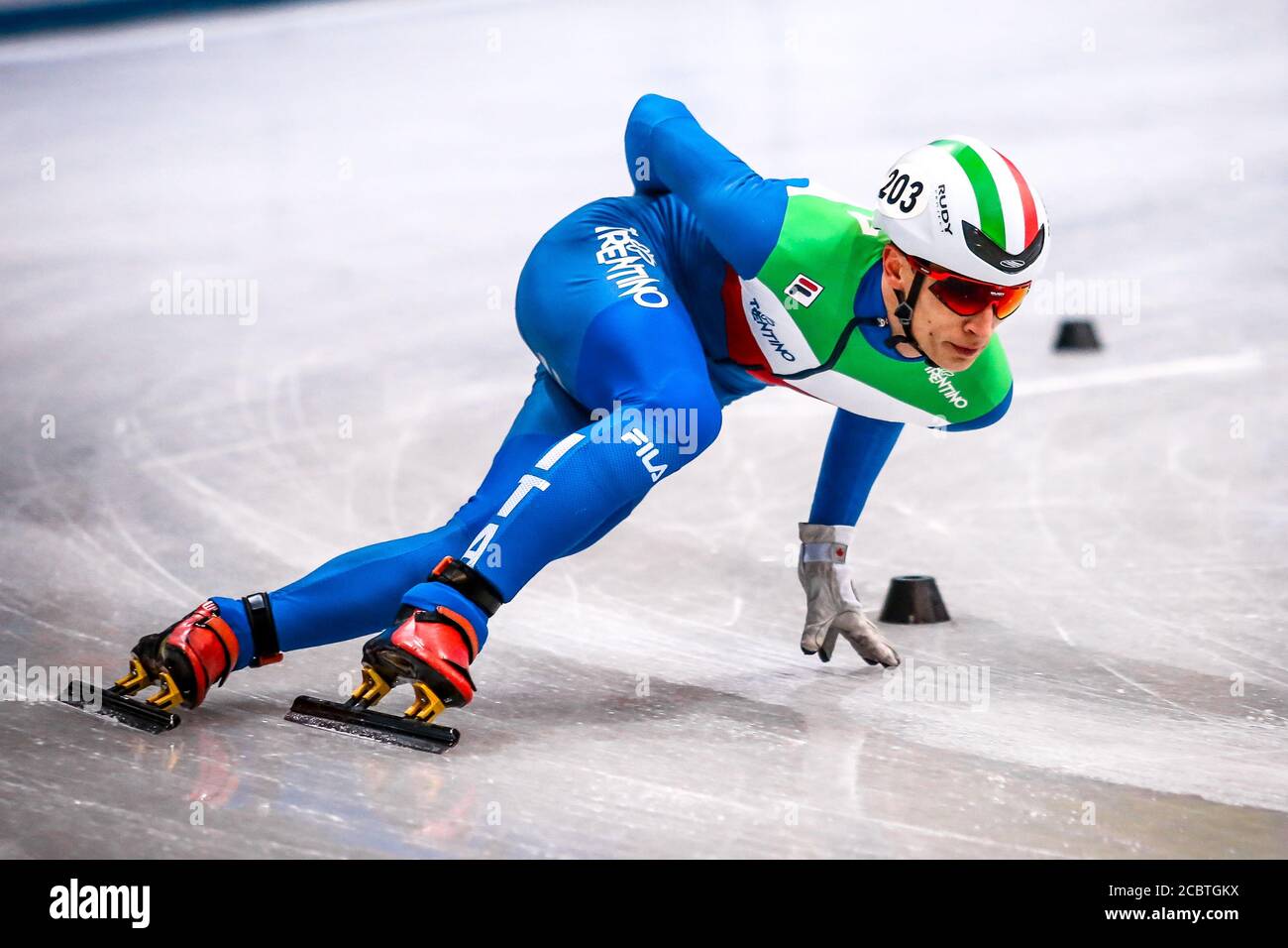Dresden, Germany, February 01, 2019: Italian speed skater Pietro Sighel ...