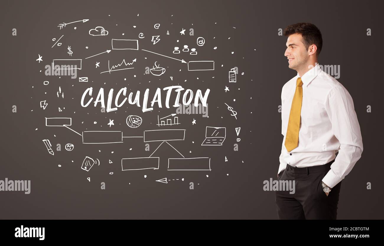 Businessman thinking with CALCULATION inscription, business education ...