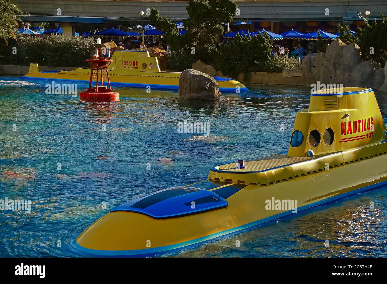 Beautiful view of the blue lagoon with bright yellow submarines of the ...