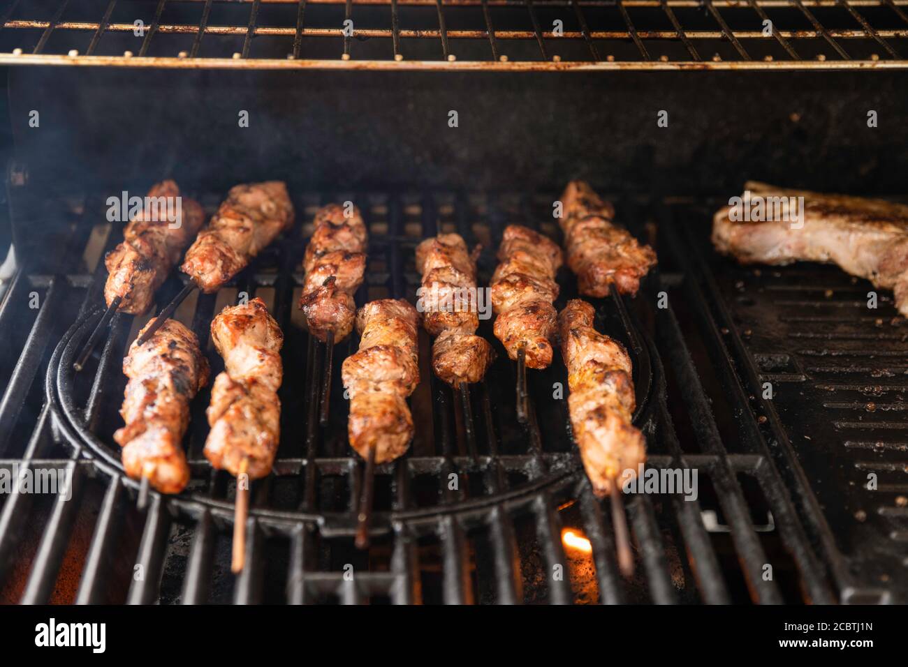 Grilled Pork Meat Kebab Skewers on a Professional Barbeque Stock Photo ...