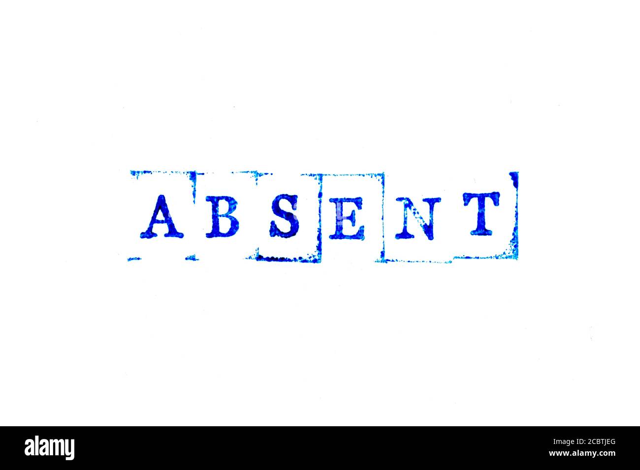 Blue color ink of rubber stamp in word absent on white paper background ...