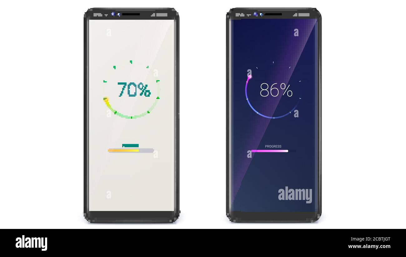 Smartphones with progress bar. UI screen of load, upload download or ...