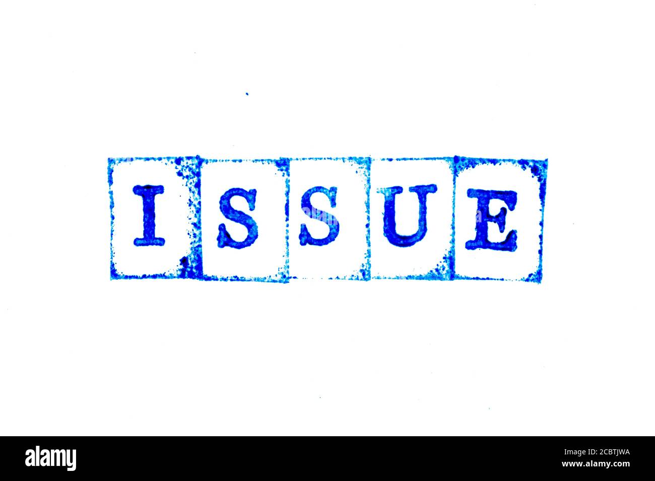 Blue color ink of rubber stamp in word issue on white paper background ...