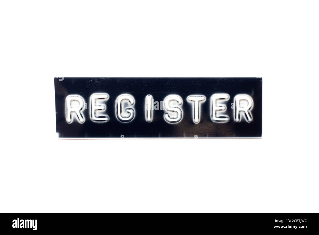 Embossed letter in word register in black banner on white background ...