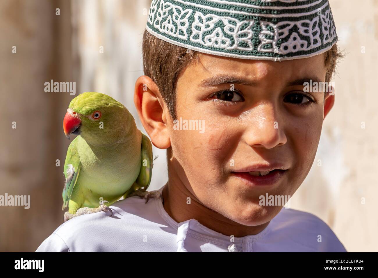 An Omani boy holding his pet parrot on his shoulder Stock Photo - Alamy