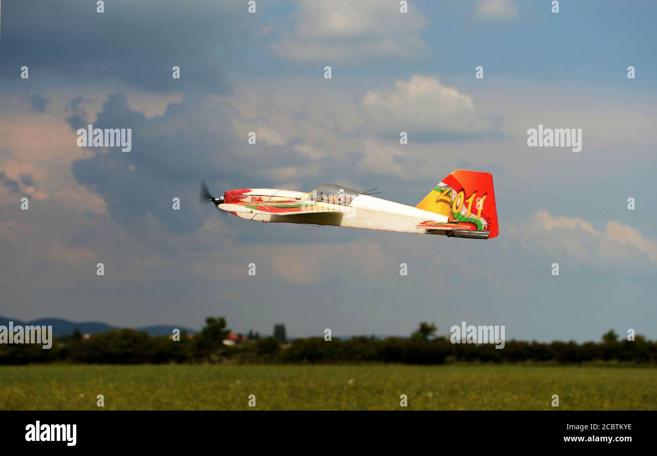 A close up of a model airplane in flight at the Budapest University of ...