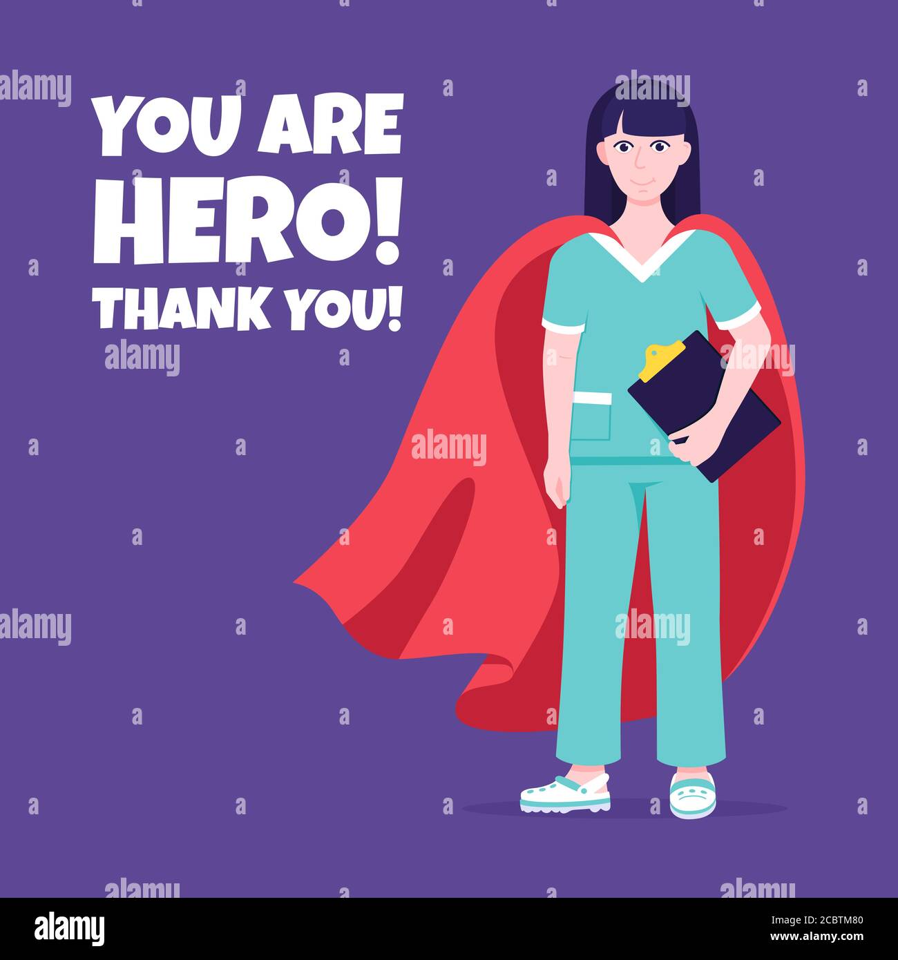 Young female nurse hospital medical employee with hero cape behind ...