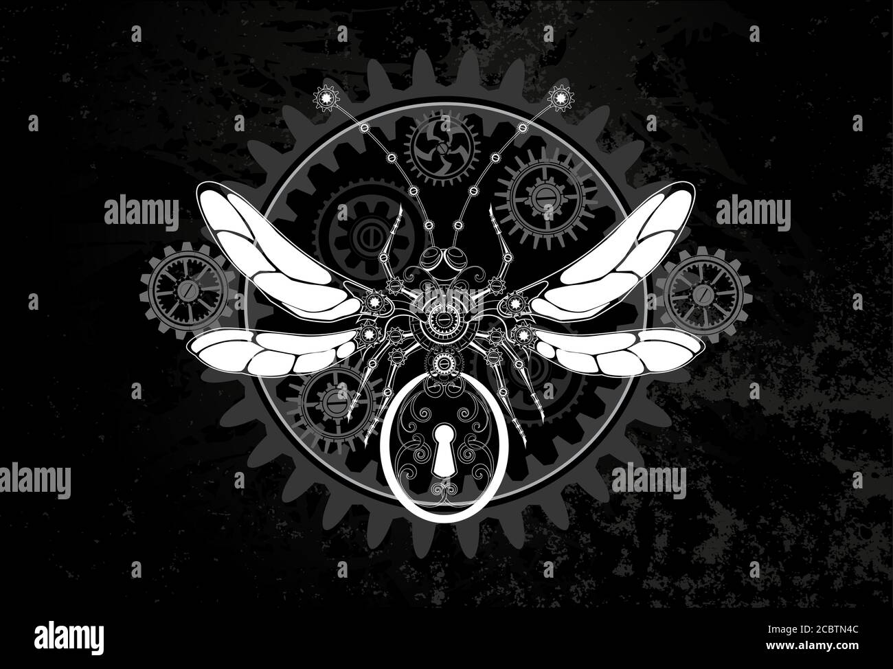 Contour, white, mechanical insect with mechanism of silhouette gears on ...