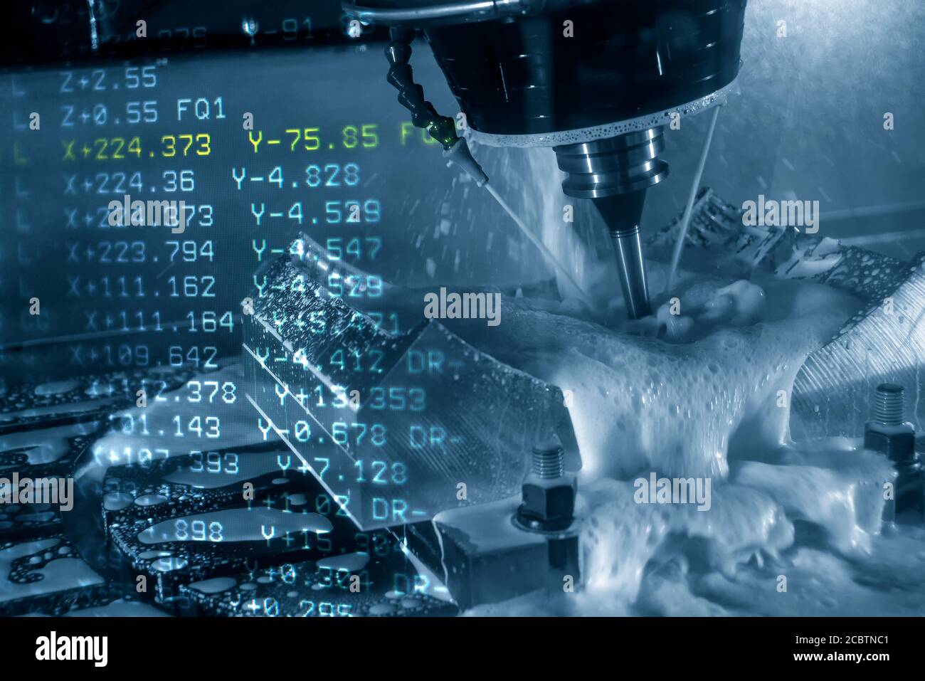 The abstract scene of 5-axis CNC milling machine and the G-code data ...