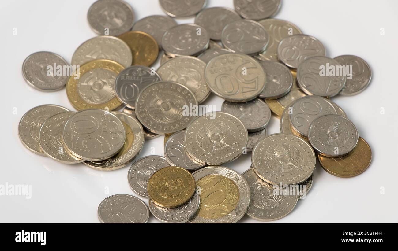 A lot of money Kazakhstan tenge on a white background. The national ...