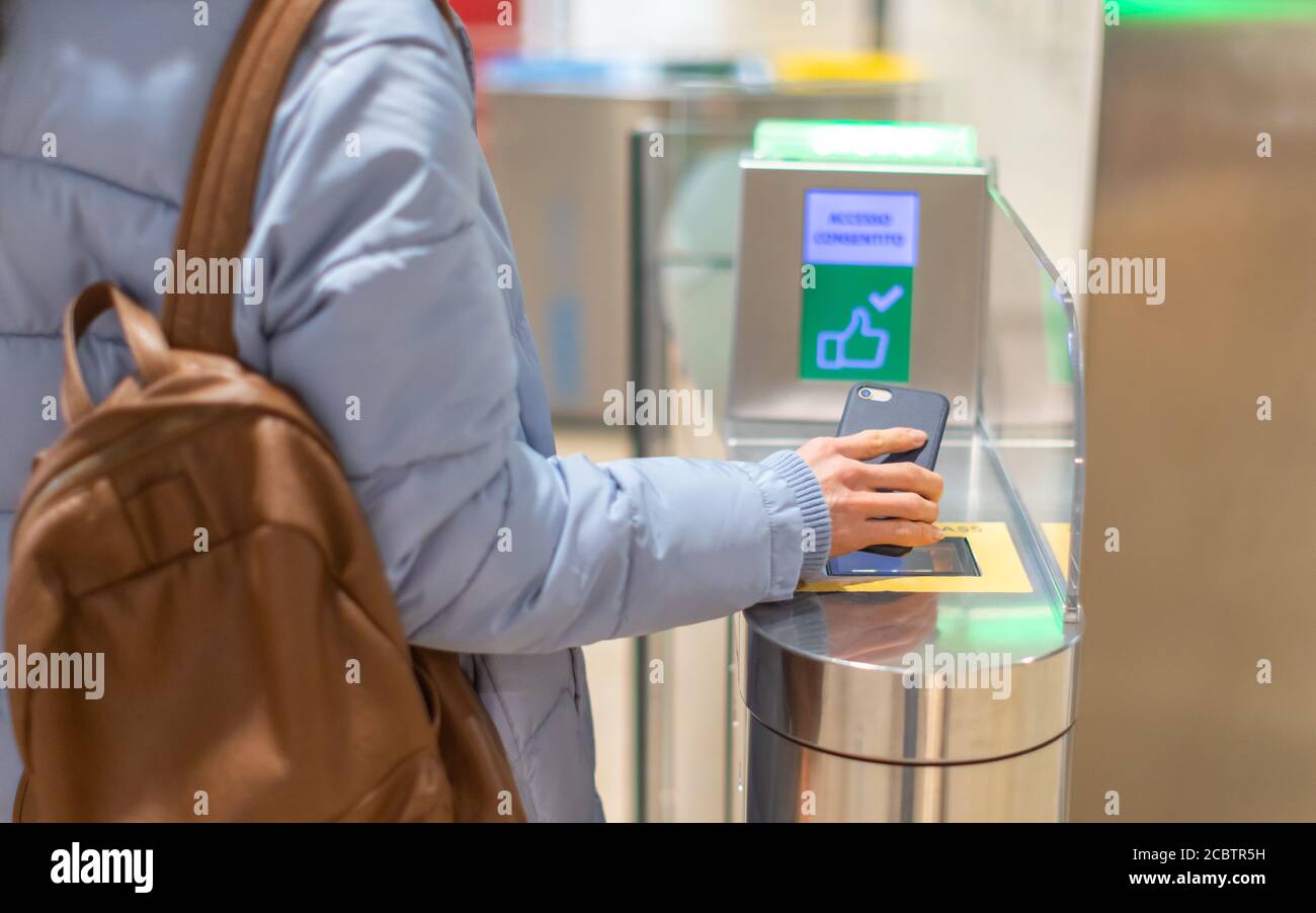 Electronic Boarding pass and passport control in the airport - hand ...