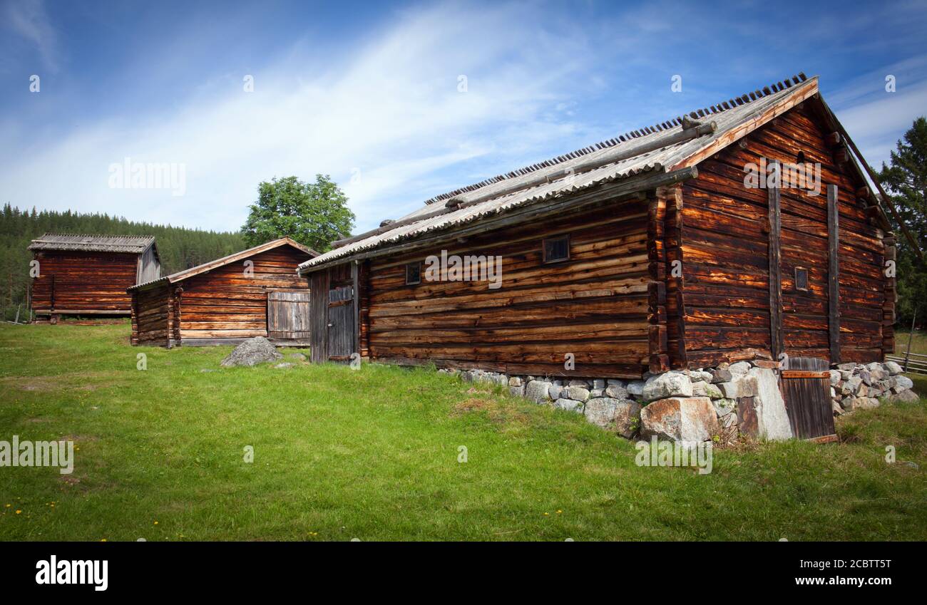 Wooden warehouse, storehouse, farmhouse far out in rural country. Trees ...