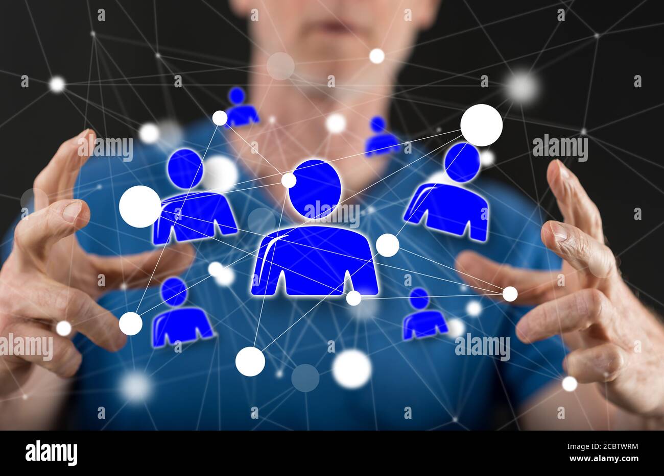 Social network concept between hands of a man in background Stock Photo ...