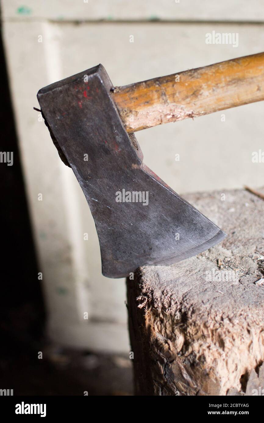 Closeup vertical shot of a chopping ax Stock Photo - Alamy