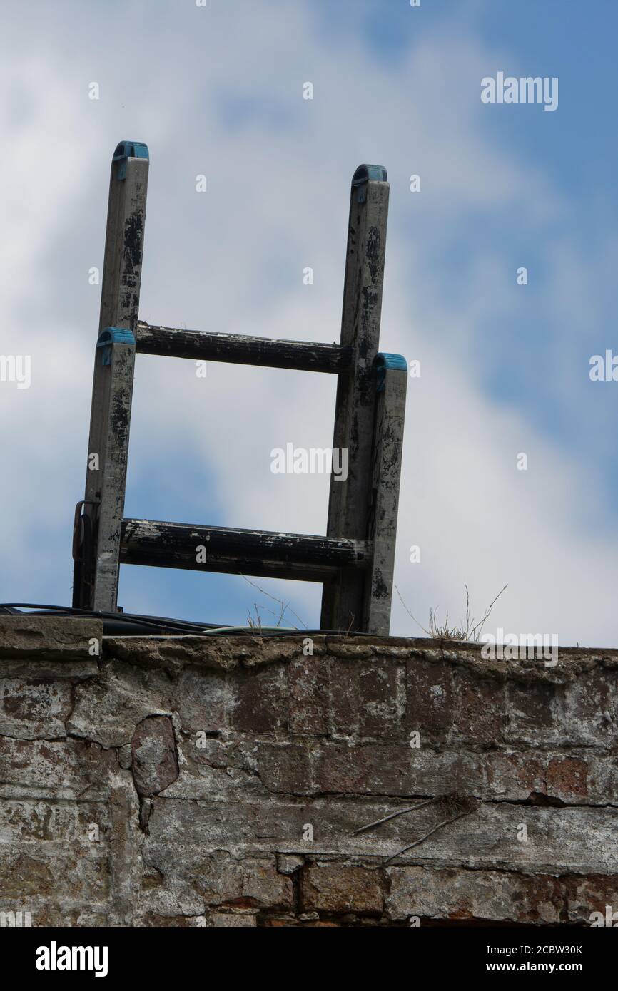 Top rungs of metal ladder peering above an ancient brick wall against ...