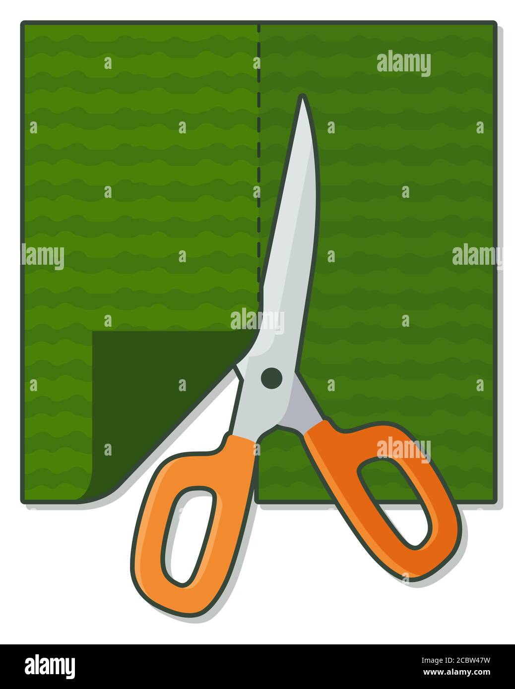 Beautiful flat illustration with cutting scissors and green material on ...