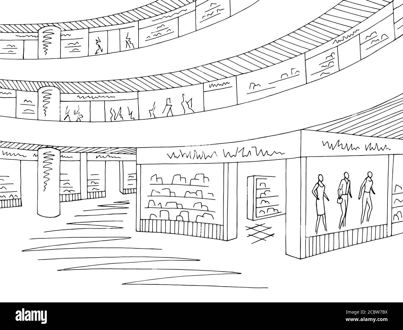 Shopping mall graphic black white interior sketch illustration vector ...