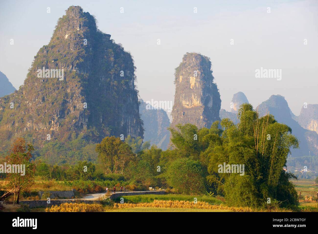 China, Guangxi province, Guilin, Karst Mountain Landscape and rice ...