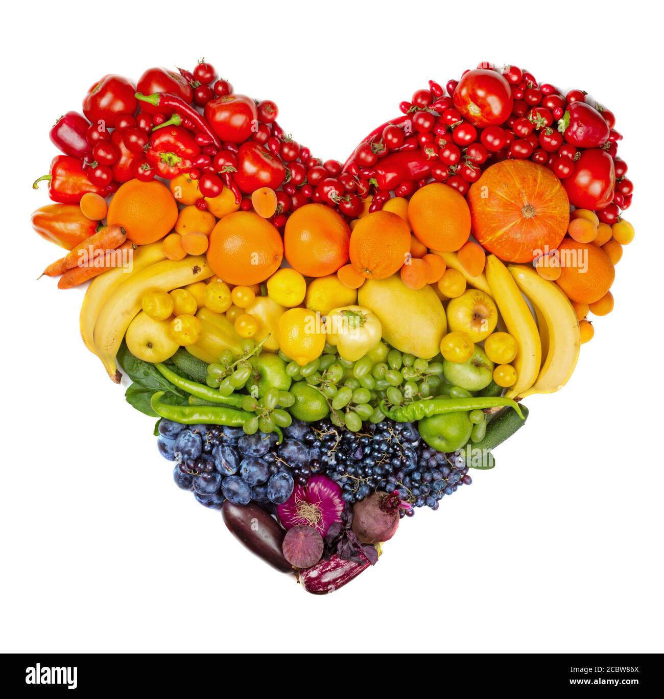 Rainbow heart of fruits and vegetables studio isolated on white ...