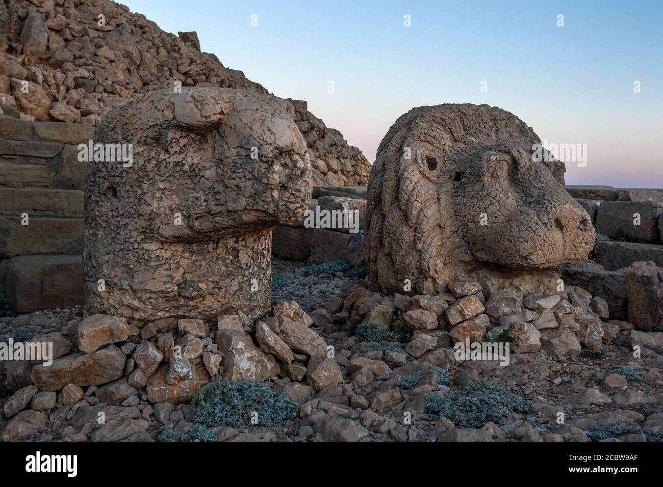 Stone carved statues on the eastern platform at Mt Nemrut in Turkey at ...