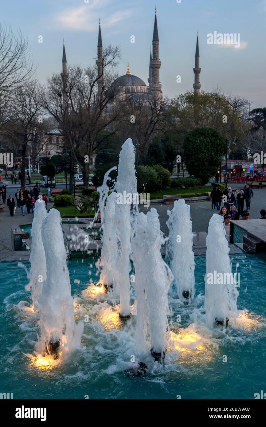 A water fountain flows in Sultanahmet Park in the Sultanahmet district ...
