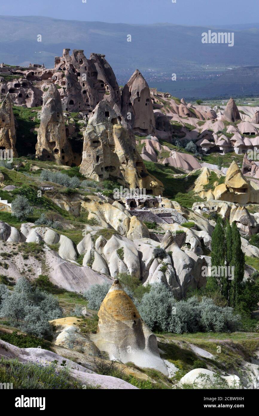 A view of Pigeon Valley showing fairy chimneys and coloured rock ...