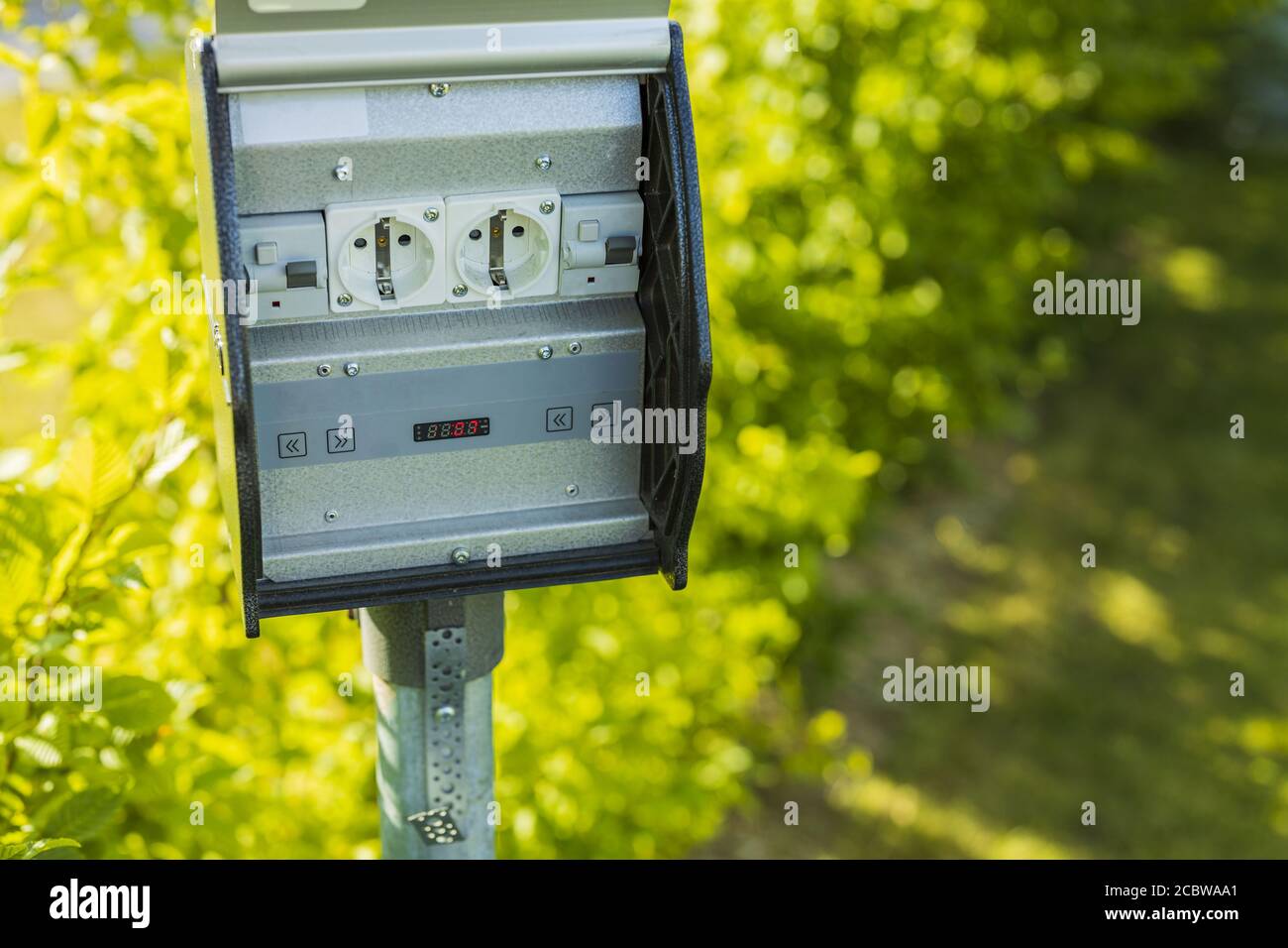 Close up view of outdoor power outlet isolated on green plants ...