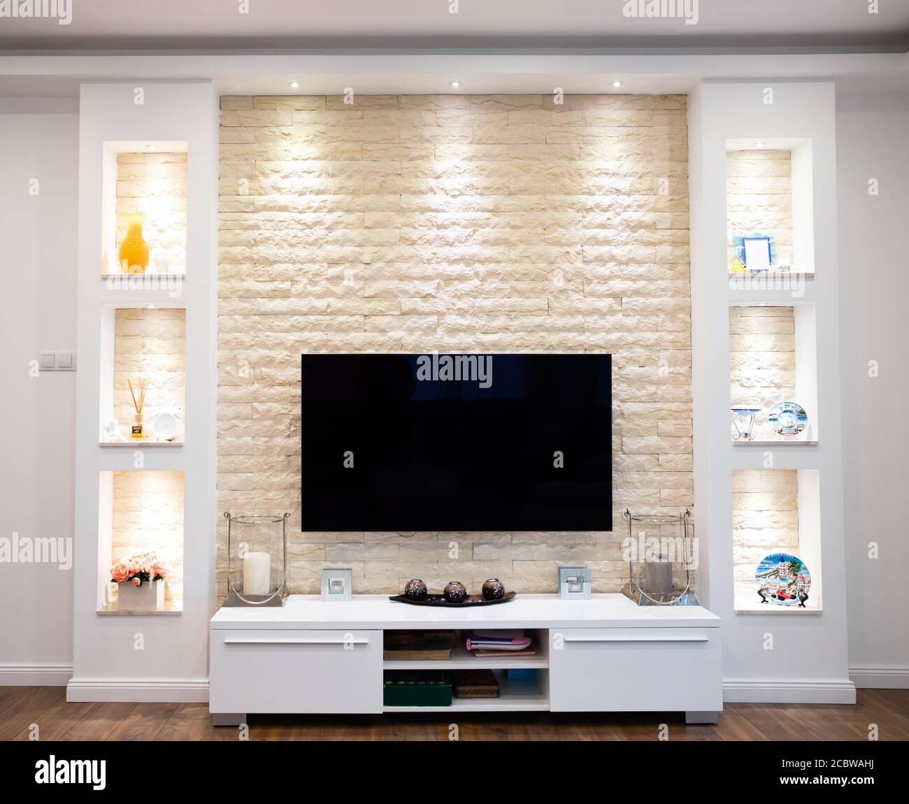 Modern living room interior - wide angle photo Stock Photo - Alamy