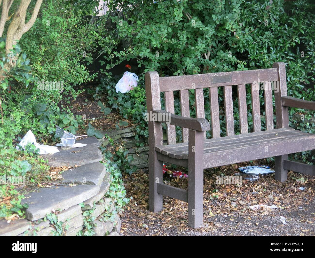 A bench in a public park is surrounded by litter and the rubbish left ...