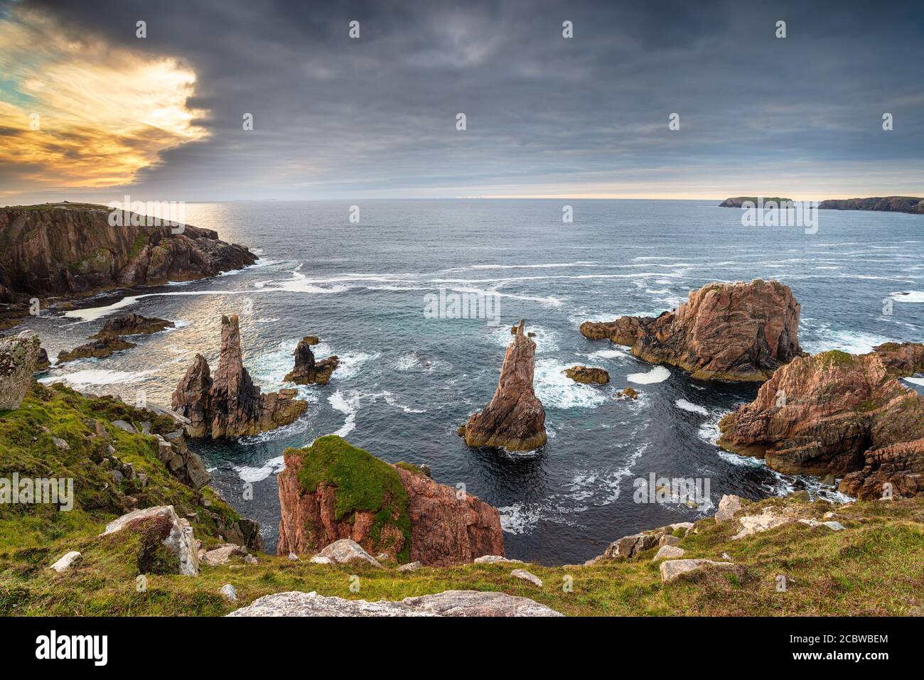 Brooding sky over the sea stacks at Mangersta on the Isle of Lewis in ...