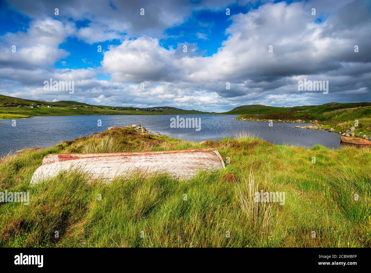 An upturned boat on the shores of Loch Erisort near Balallan on the ...