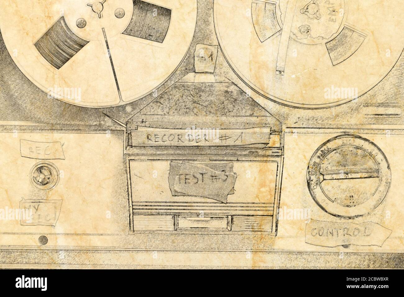 Tape audio recorder and roll of tape, sketch on paper Stock Photo - Alamy
