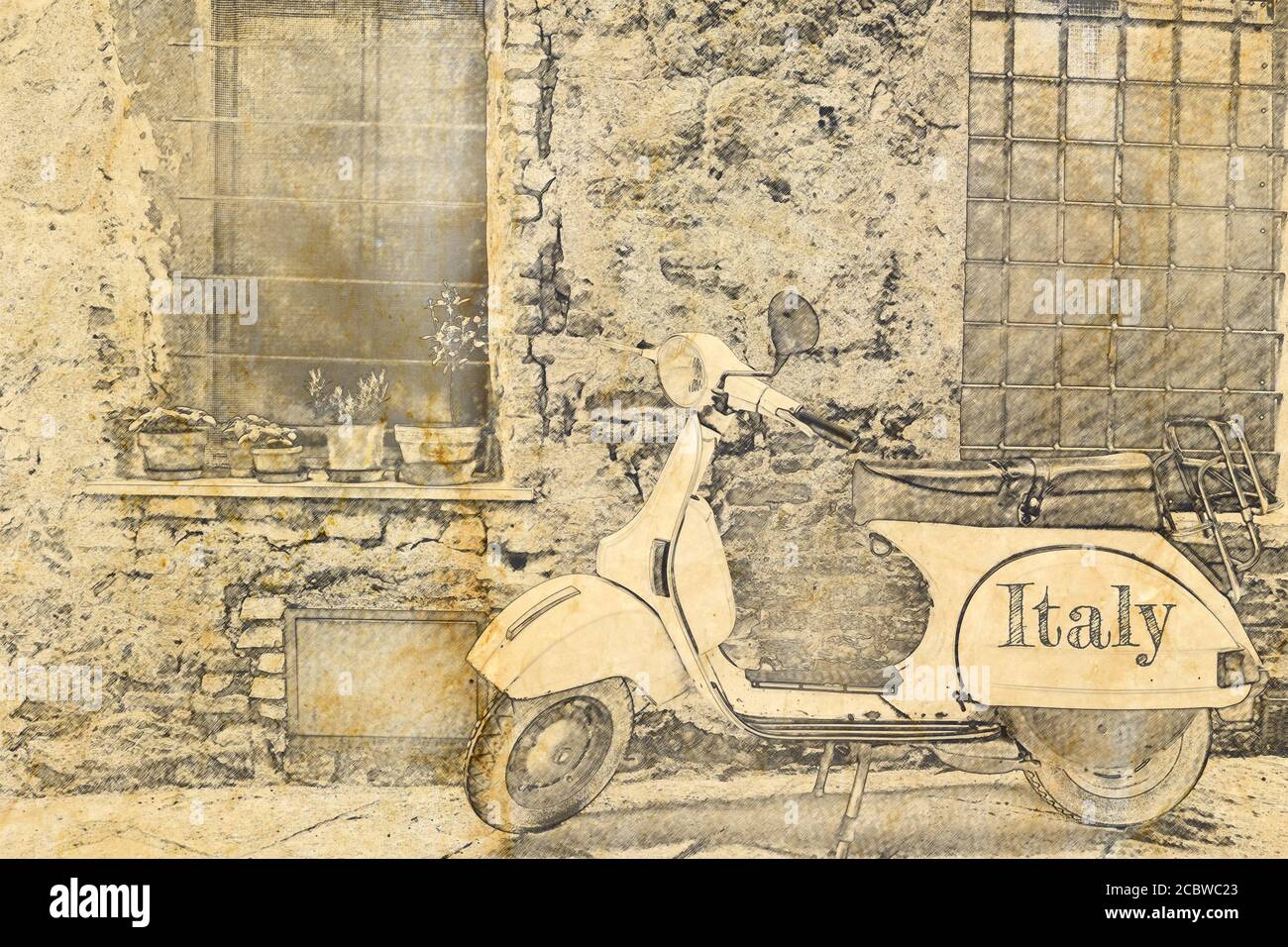 Vintage Scooter on street in Tuscany, sketch on old paper Stock Photo ...
