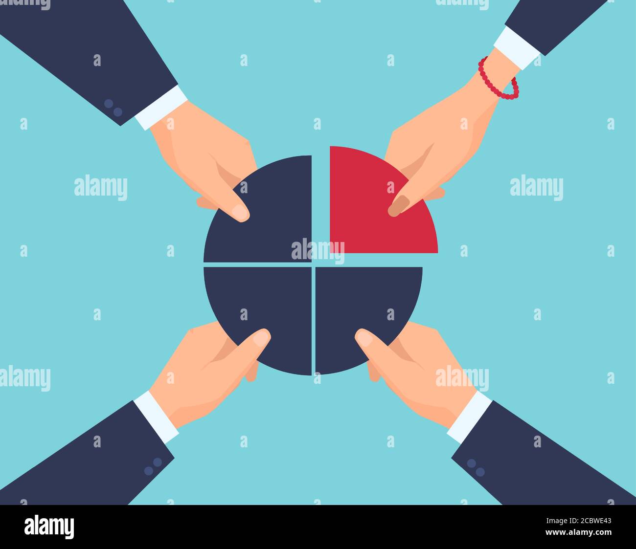 Vector of businesspeople three men and one woman dividing market ...