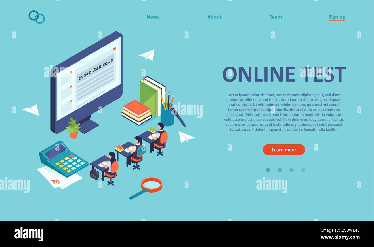 Vector of students solving finals using computer. Online testing, e ...