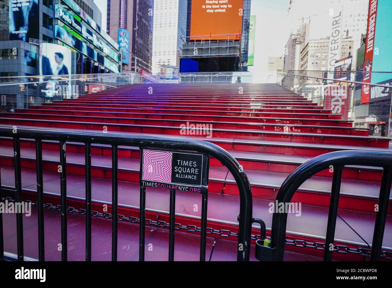 A View of Times Square red steps entirely closed down and empty of ...