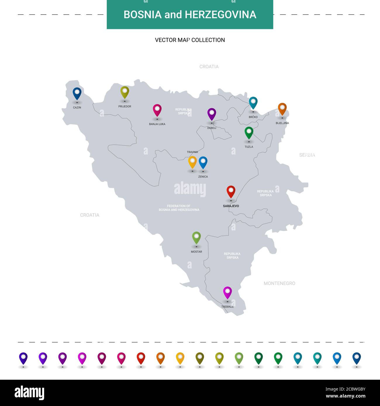 Bosnia and Herzegovina map with location pointer marks. Infographic ...