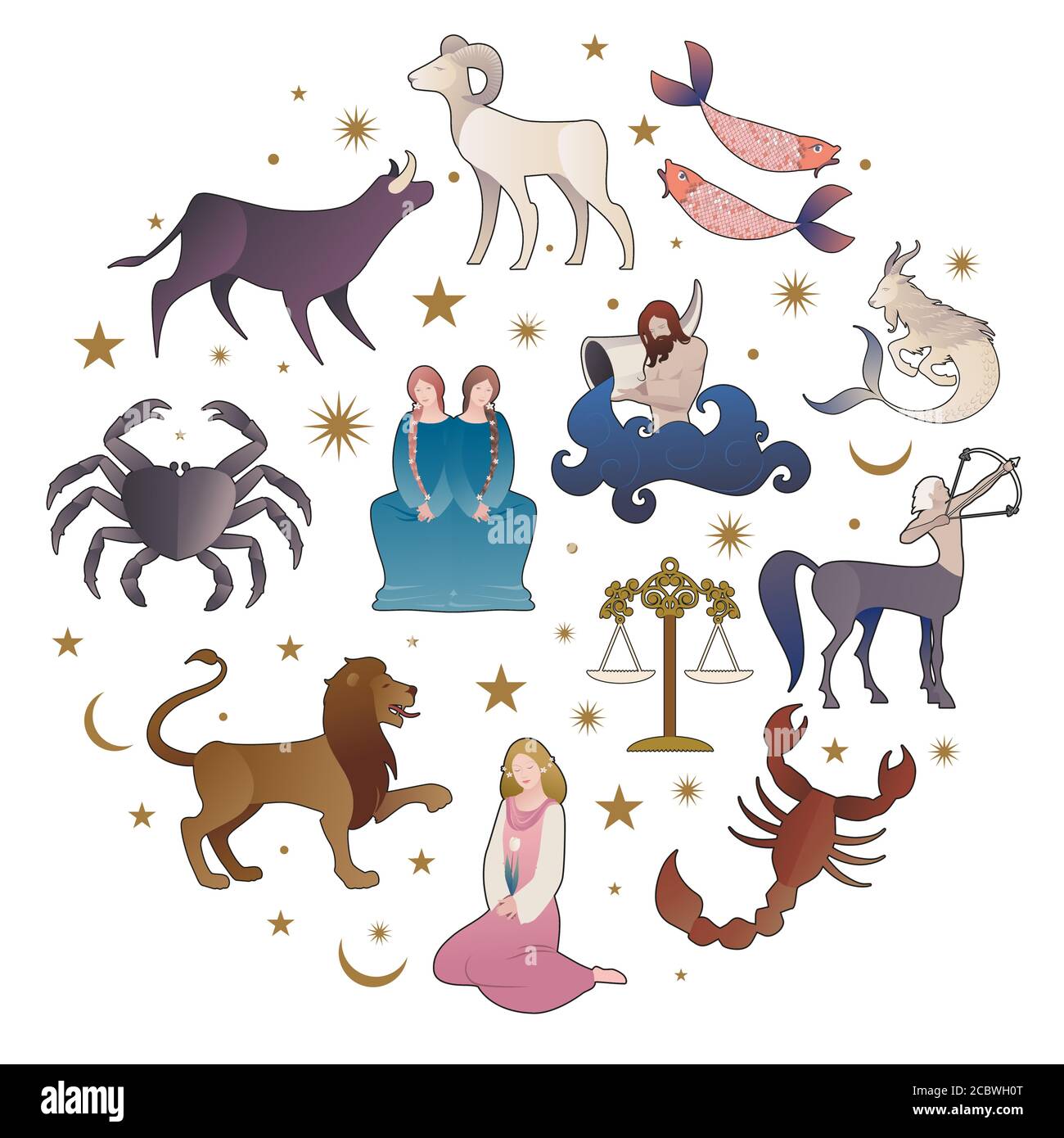 Illustrations of zodiac signs collections, medieval style, on starry ...