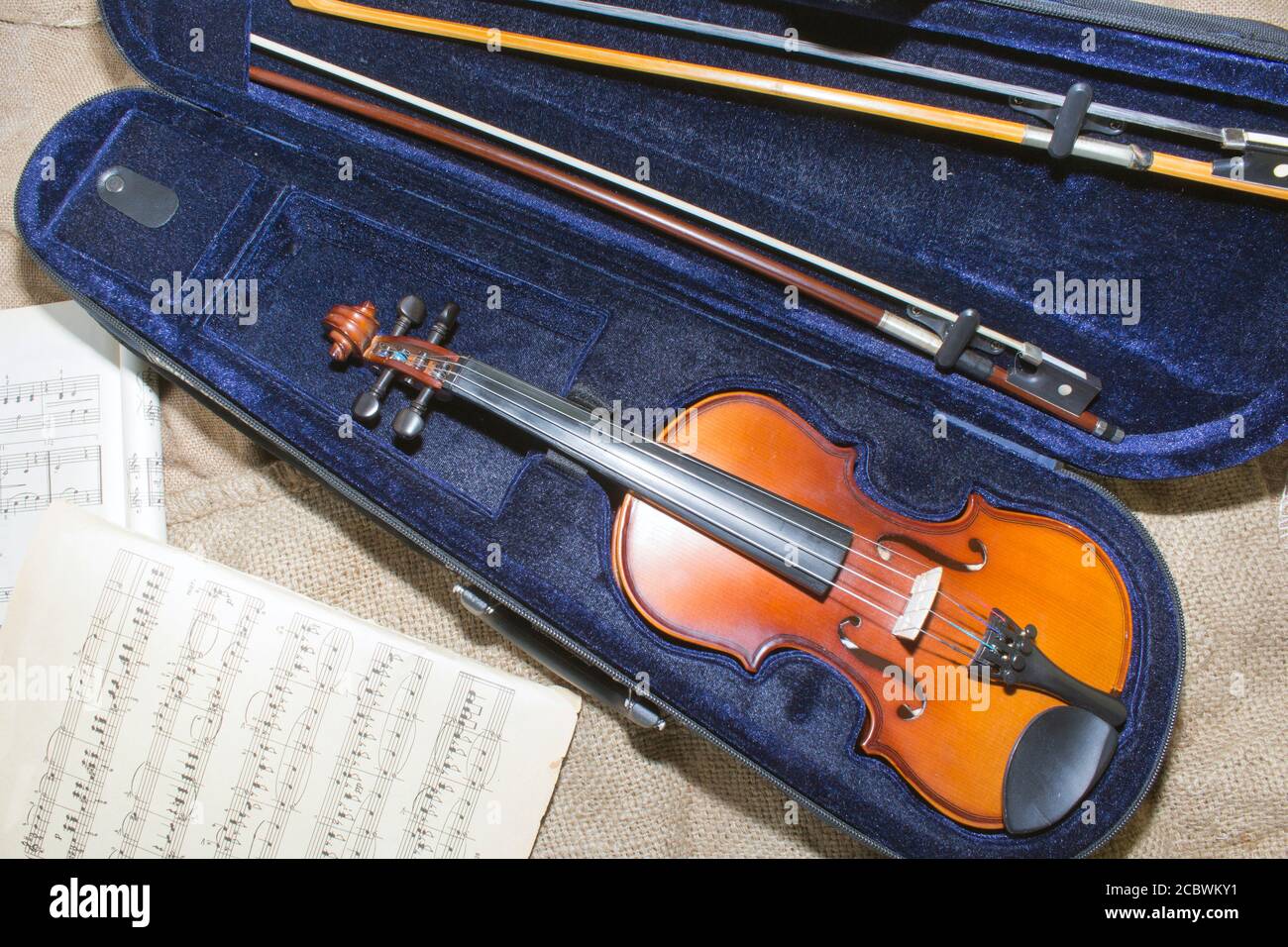 Violin neck on music papers background Stock Photo - Alamy