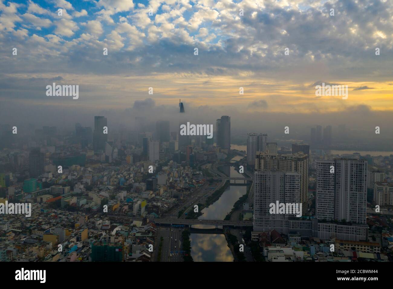 Beautiful aerial photo of colorful sunrise and morning fog in Ho Chi ...