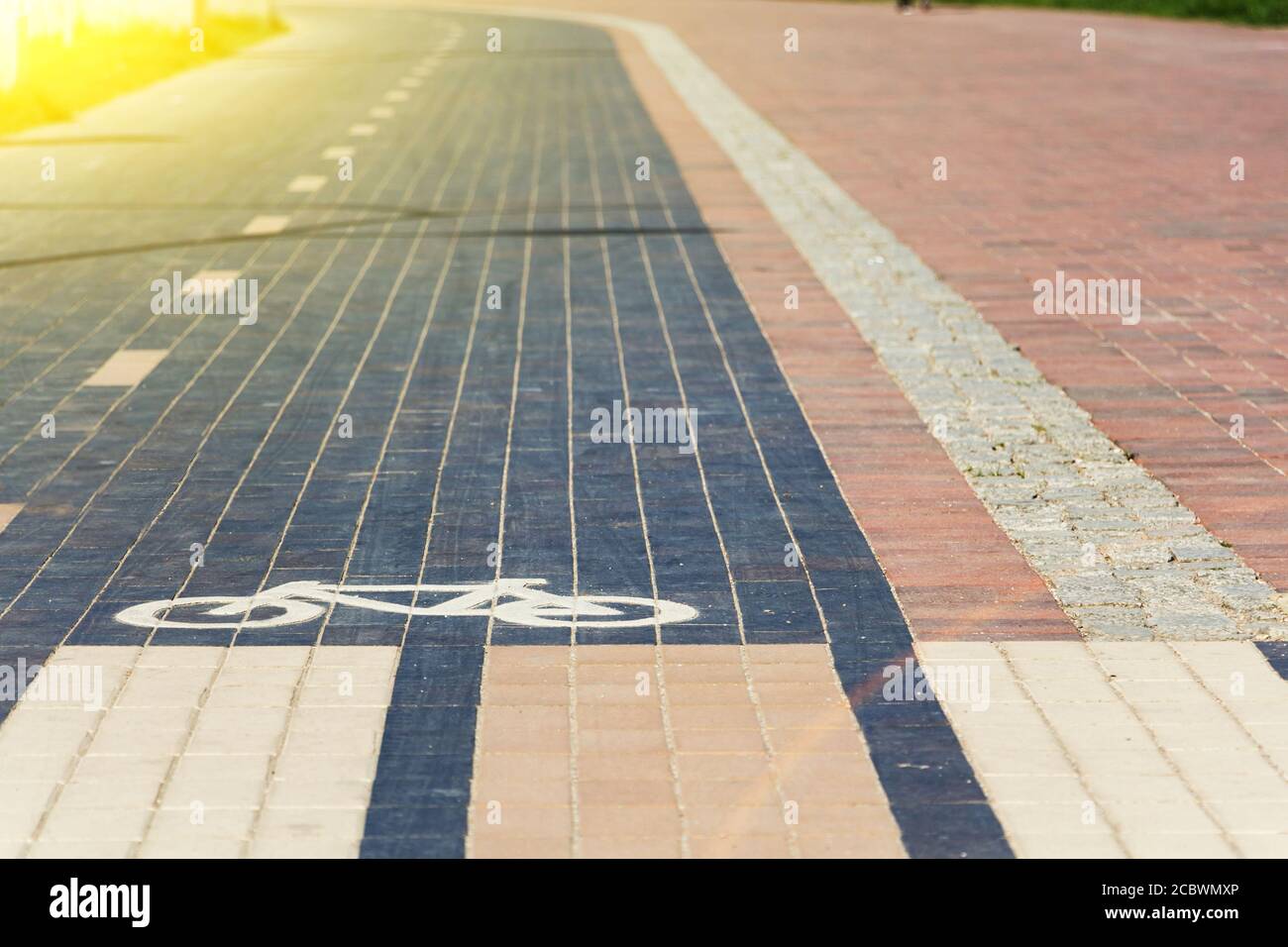 Bicycle sign on a bikeway marked with lines and dashed lane separator ...